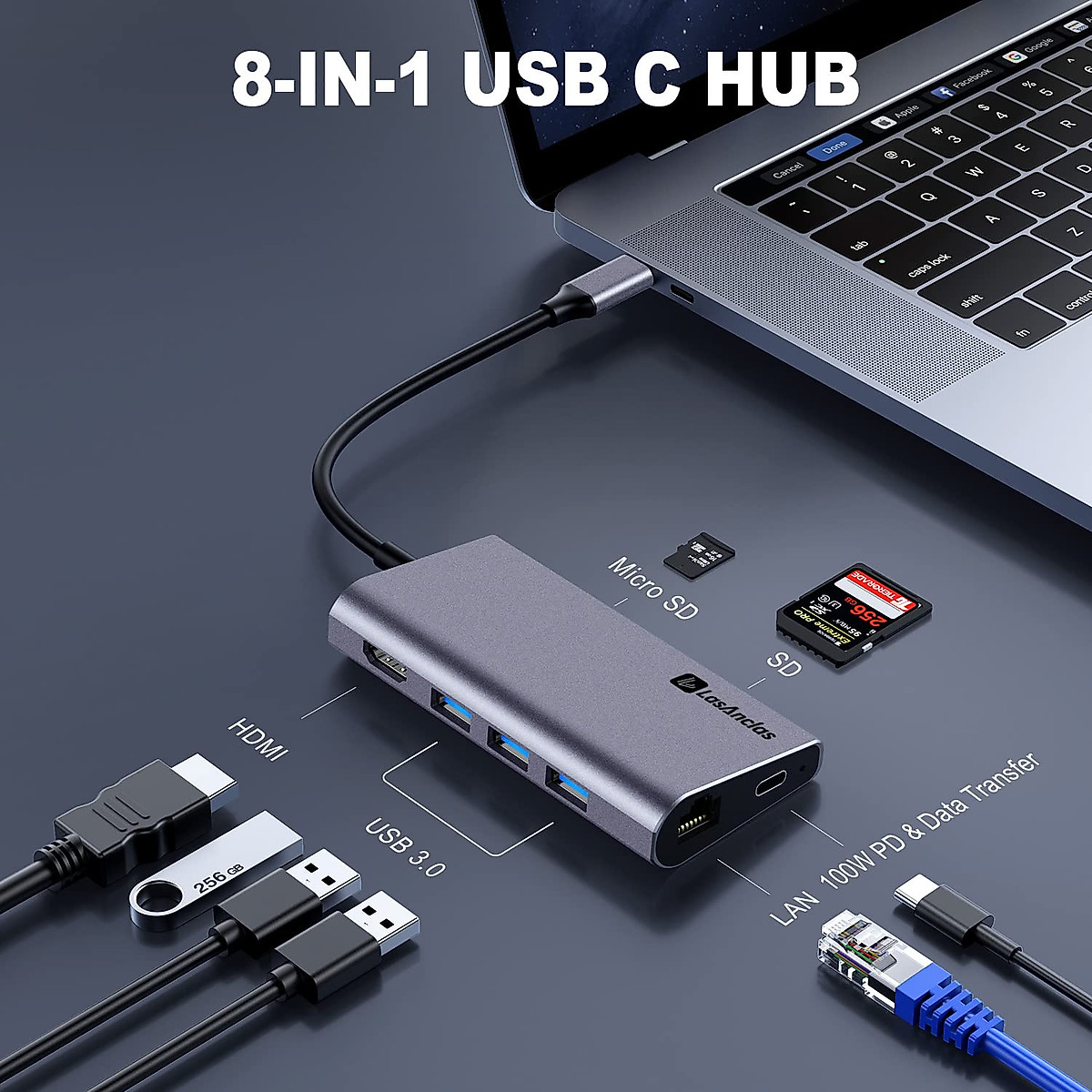 USB C Hub Ethernet Multiport Adapter, LasAnclas 8-in-1 USB C Docking Station 4K HDMI, 100W PD, 3 USB 3.0, 1Gbps LAN USB C Dongle, SD/TF Reader USB C Dock for MacBook Air/Pro,iPad Pro 2021