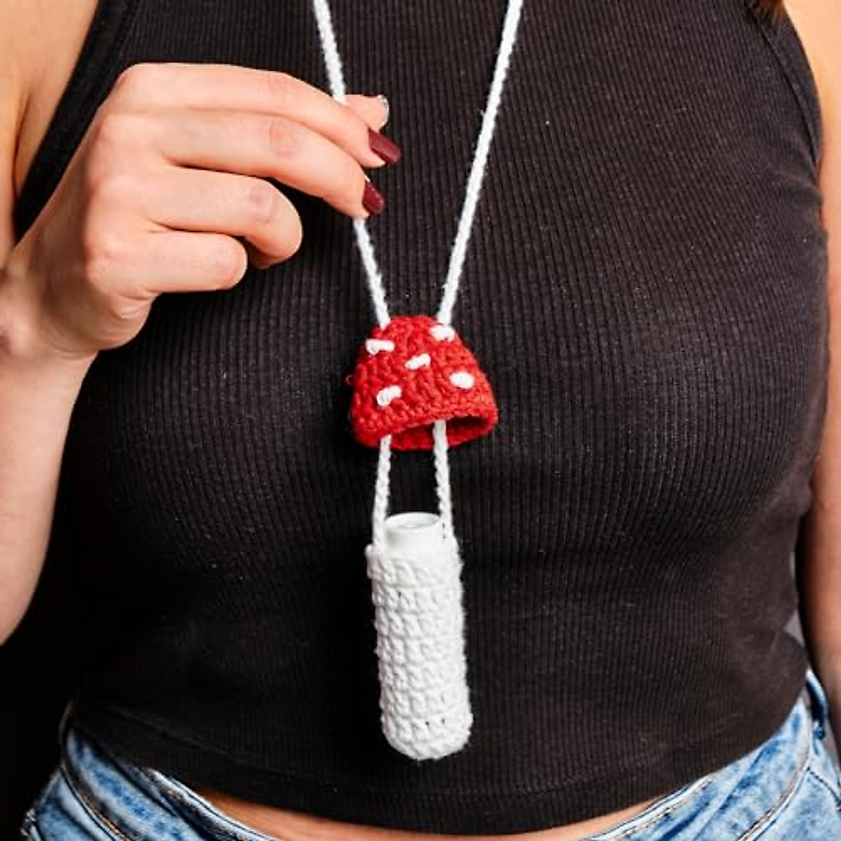 Crochet Mushroom Pouch, Handmade Mushroom Pouch Chapstick Holder – Festival Pouch Necklace – Crochet Handmade Case Pendant, Lanyard for Lip Balm (Red)