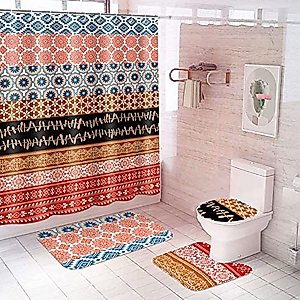 4 Pieces Bohemian Striped Shower Curtain Sets with Non Slip Rug Bath Mat Toilet Lid Cover U Shaped Mat Waterproof Shower Curtain Vintage Bohemian Home Decor with 12 Hooks for Home Bathroom Decorations
