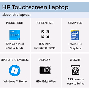 HP 2023 Newest 15.6" Touchscreen Laptop, 12th Gen Intel i3-1215U(Up to 4.4GHz, Beats i5-1135G7), 8GB RAM, 256GB SSD, Intel UHD Graphics,11 H Battery Life, Bluetooth, Wi-Fi, HDMI, Win 11 Home S