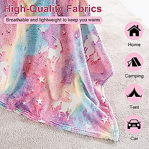 QSTEHEML Glow in The Dark Unicorn Throw Blanket for Boys Girls, Luminous Rainbow Blanket Birthday for Toddler Kids, Cozy Soft Fluffy Flannel Fleece Nap Sleep Blankets, 50" x 60"
