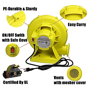 Bounce House Blower, 0.6 HP 450 Watt air Blower for About 11 ft x11 ft Inflatables Bouncy Castle Slide House Jumper (Yellow)