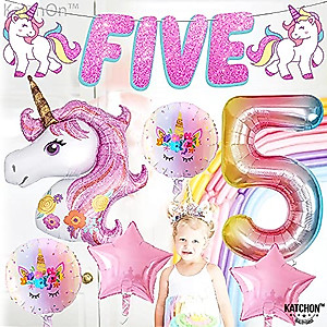 KatchOn, Unicorn 5th Birthday Decorations Girl - Glitter Five Banner, Number 5 Balloon 40 Inch | Giant Unicorn Balloons, 43 inch | Unicorn Decorations for Birthday Party | Unicorn Party Decorations