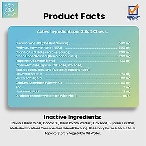 Glucosamine for Dogs - Advanced Dog Hip & Joint Supplement with Chondroitin & Hyaluronic Acid - 60 Soft Joint Health Chews - Made in USA