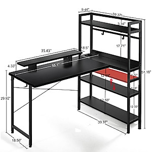 COMHOMA Gaming L Shaped Computer Desk, 55" Home Office Desk with Shelves, L Shape Computer Corner Desk with Charging Port, Gaming Table Power Outlet Build in, LED Writing Desk with Monitor Stand Black