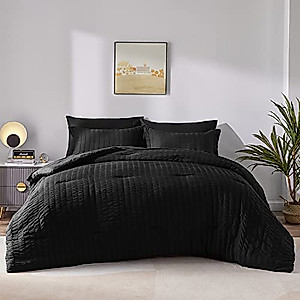 CozyLux Queen Seersucker Comforter Set with Sheets Black Bed in a Bag 7-Pieces All Season Bedding Sets with Comforter, Pillow Sham, Flat Sheet, Fitted Sheet, Pillowcase