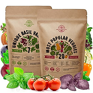 7 Basil Herb & 20 Most Popular Vegetable Seeds Variety Packs Bundle Non-GMO Heirloom Seeds for Planting Indoor and Outdoor Over 3200 Herbs & Vegetables Seeds in One Value Bundle