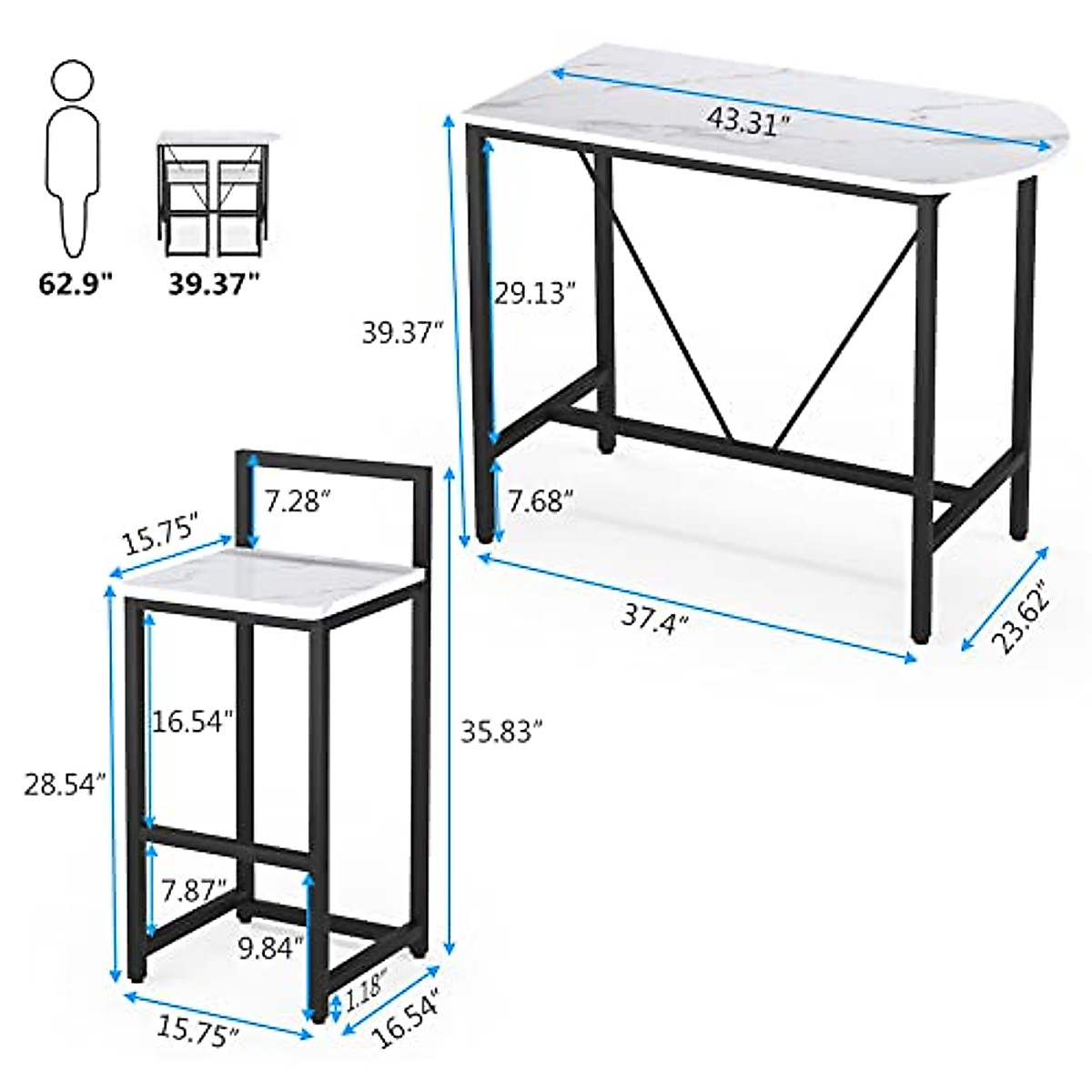 Tribesigns 3-Piece Bar Table Set, 2-Person Counter Height Dining Set, Sofa Pub Table with 2 Tools, Marble White, for Kitchen and Living Room
