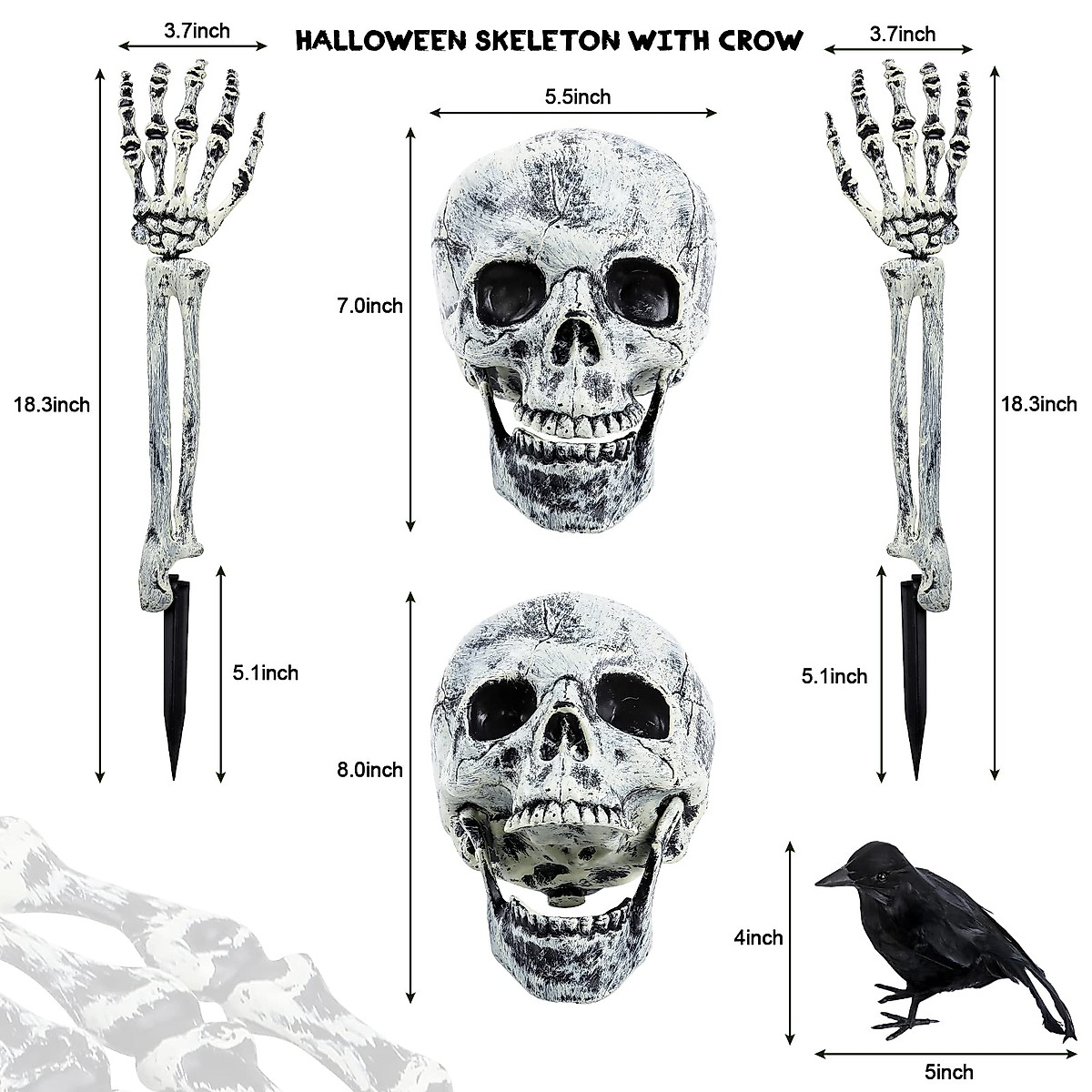 Skeleton Stakes with Crows - Scary Outdoor Halloween Yard Lawn Decorations, Groundbreakers for Skull Garden Graveyard Decor