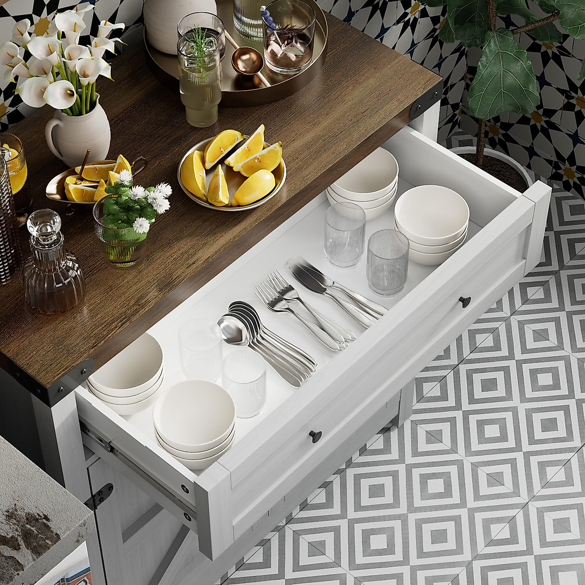 JUMMICO Coffee Bar Cabinet Farmhouse Kitchen Sideboard Buffet Cabinet with Drawer and Adjustable Shelf Barn Door Storage Cabinet for Kitchen, Dining Room, Bathroom, Entryway（White）