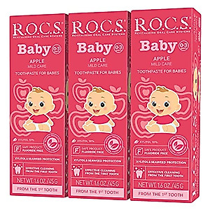 R.O.C.S. Baby Toothpaste - Soft Protective Formula for Teeth and Gums - for Babies and Toddlers 0-3 Years Old - Safe to Swallow - Natural, No Fluoride or Sulfate (Apple, Pack of 3)