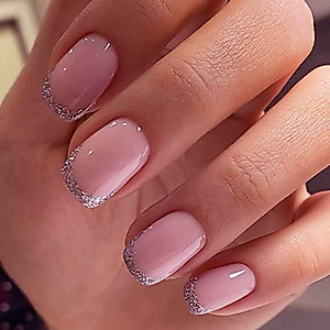 Celepaty French Tip Press on Nails Short Silver Glitter Glossy Glue on Fake Nails Kits Square Oval Full Cover Gel Short False Nails for Women and Girls, 24Pcs