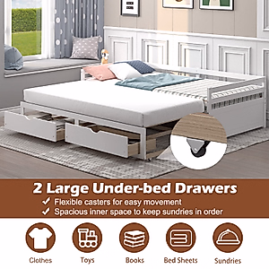 Giantex Wood Daybed with Trundle, Twin to King Extendable Daybed with 2 Storage Drawers, Dual-use Modern Day Bed for Teens, Adults, Bedroom, Guest Room, No Box Spring Required, White