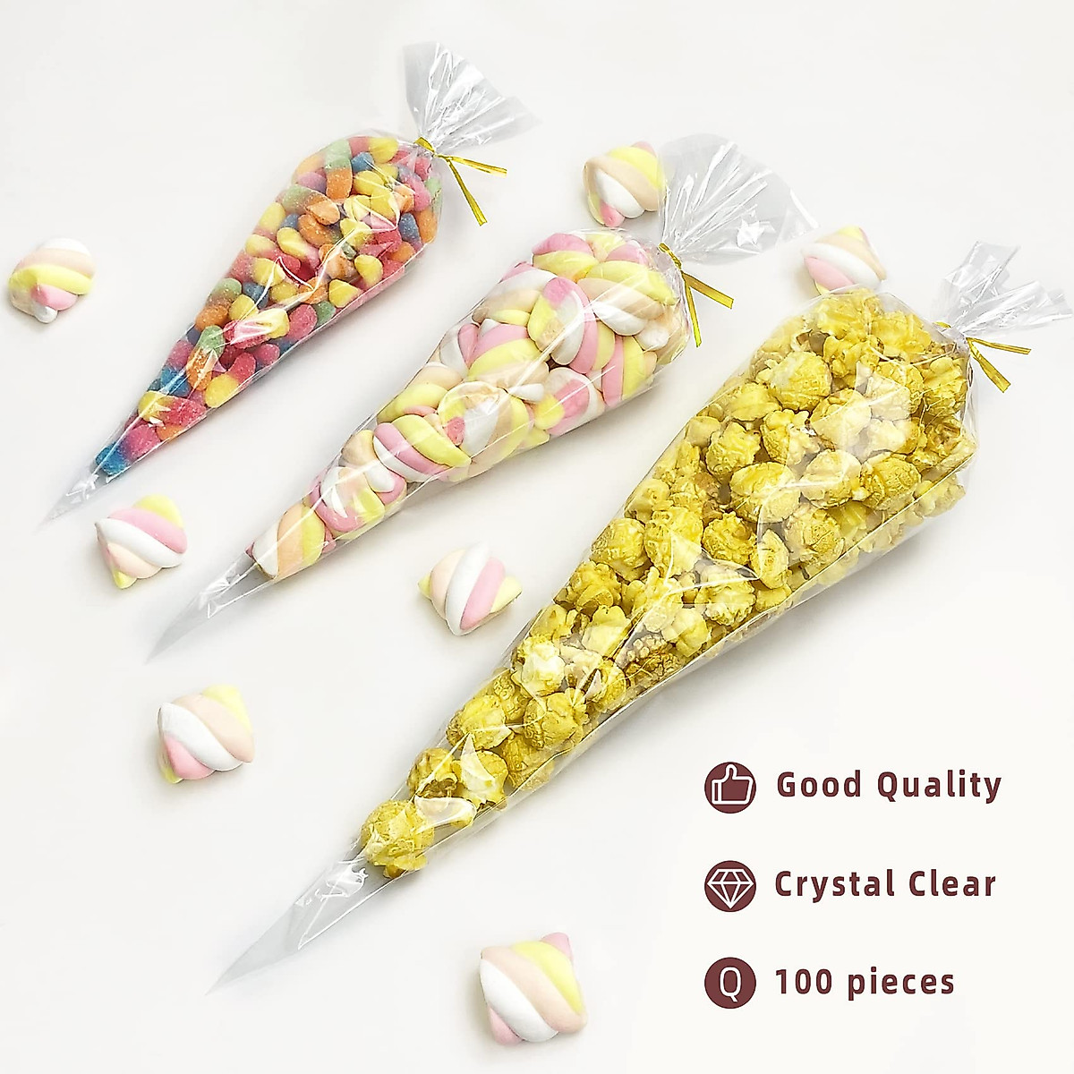 Morepack Cone Treat Bags, 100Pcs, 7x15 Inches, Clear Cellophane, with Twist Ties, for Treats, Popcorn, Candy, Party Favors