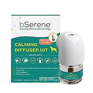 bSerene Pheromone Calming Solution for Dogs 30-Day Starter Kit: Plug-in Diffuser + Refill Helps Reduce Excessive Barking, Destruction, Stress, and Fear Great for Thunderstorms and Fireworks