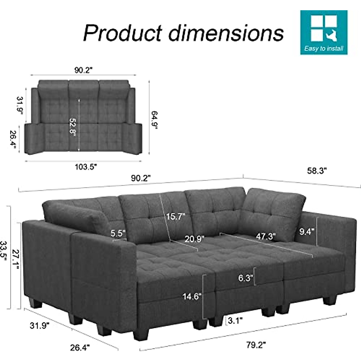 Belffin Convertible Sectional Sleeper Sofa Bed Modular Sofa Sleeper Couch Set with Storage Seat Modular Sectional Couch Bed Dark Grey
