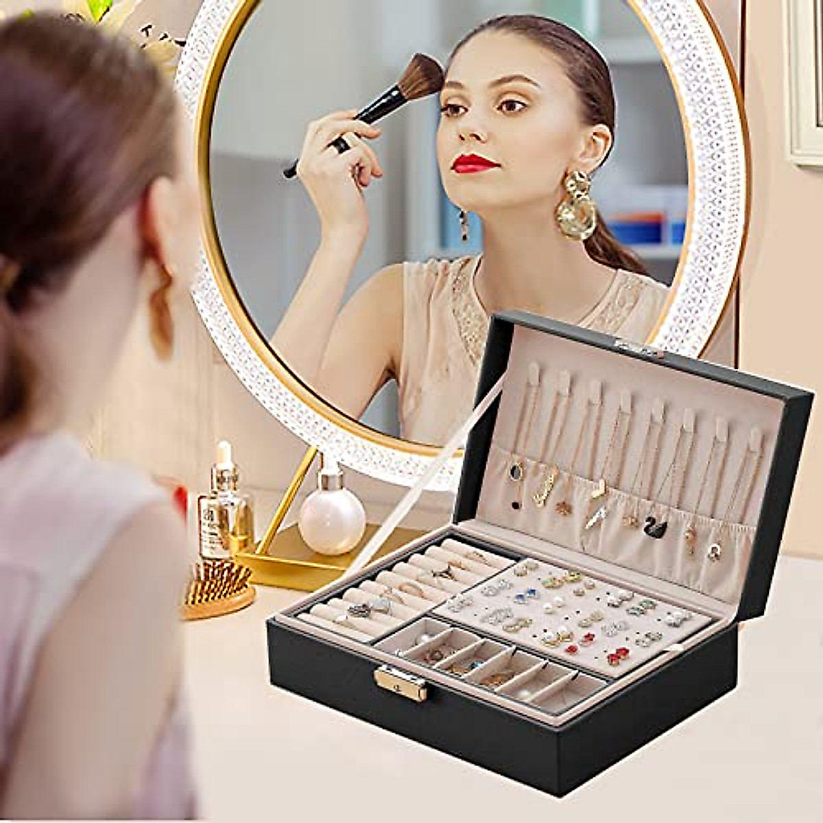 SYCARON 2023 Upgraded Jewelry Organizer Box for Women Girls, Large Travel Jewellry Organizer Case 2 Layer PU Leather Soft Lining with Lock for Rings Earrings Necklace Bracelets, Black