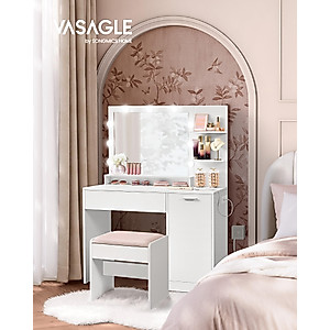 VASAGLE Vanity Desk with Mirror and Lights, 43.3-Inch Wide Makeup Vanity with Upholstered Vanity Stool, Power Outlets, Dimmable LED Lights, Storage Drawer, for Bedroom, Cloud White URDT628W01