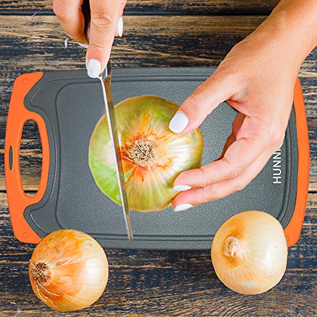 HUNNION Kitchen Cutting Board 3 Piece Set : Juice Grooves with Easy-Grip Handles, BPA-Free, Non-Porous, Dishwasher Safe, Multiple Size Plastic Cutting Boards (Orange)