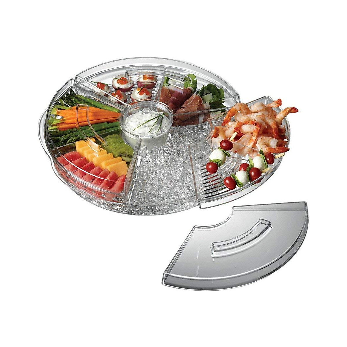 Prodyne Appetizers on Ice with Lids, 16", Clear and Prodyne Bowl, ICED Salad-4 Qt, Off-White