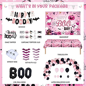 135 PCs Happy Boo Day Party Decorations, Fiesec Halloween Themed Pink and Black Birthday Party Decorations Backdrop Balloon Garland Spider Web Banner Tablecloth Cake Topper Little Ghost