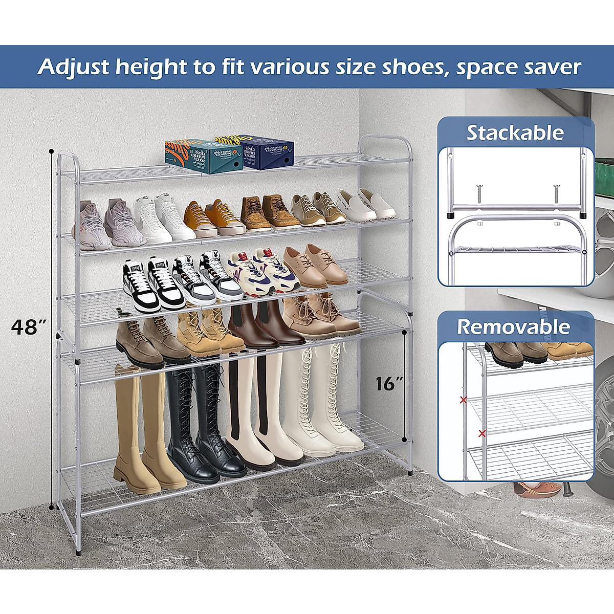 KEETDY 3-Tier Long Shoe Rack for Closet Metal Shoe Organizer for Entryway, Wide Stackable Shoe Storage Shelf with Sturdy Wire Grid for Closet Floor, Bedroom, Grey…