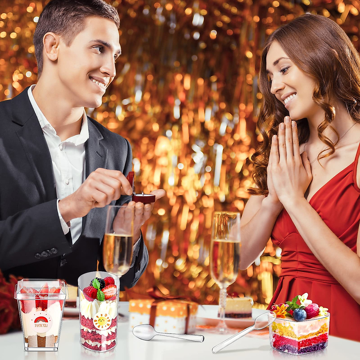 60 Pcs Clear Plastic Dessert Cups with Lids and Spoons Set Party Mini Square Heart Parfait Cups Slanted Round Fruit Pudding Pentagram Appetizer Cups Shooter Cups Dessert Containers and Stickers