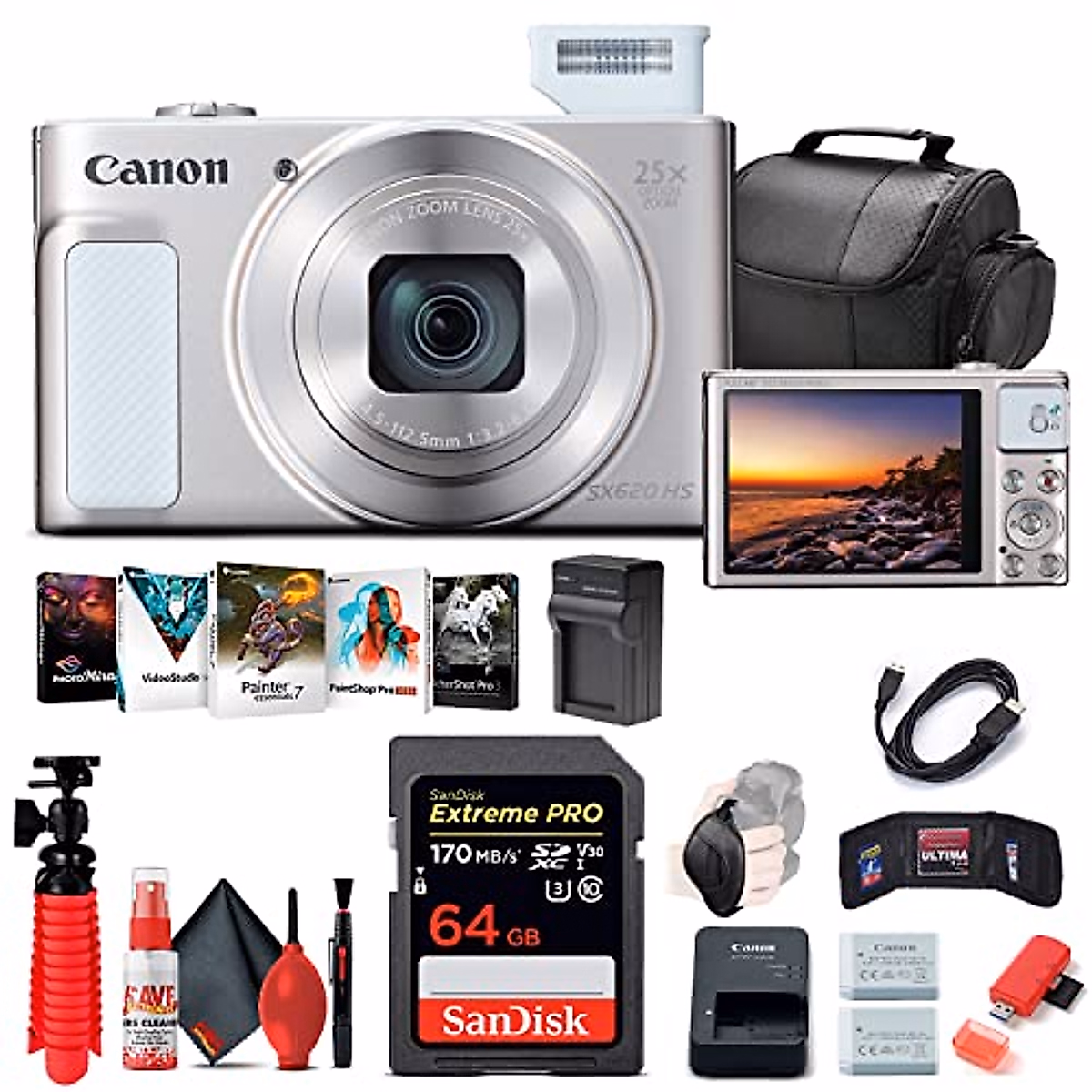Canon PowerShot SX620 HS Digital Camera (White) (1074C001), 64GB Memory Card, NB13L Battery, Corel Photo Software, Charger, Card Reader, Soft Bag, Flex Tripod + More (Renewed)