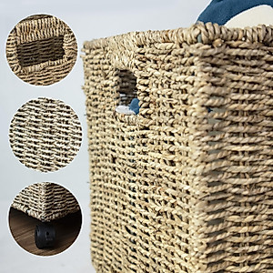 PEMAR Set 2 (different sizes nesting in a set) Natural Wicker Rolling Storage Baskets on Wheels w Insert Handle, Under Table Under Desk Storage Bins, Mobile File Cabinet Organiser. Seagrass
