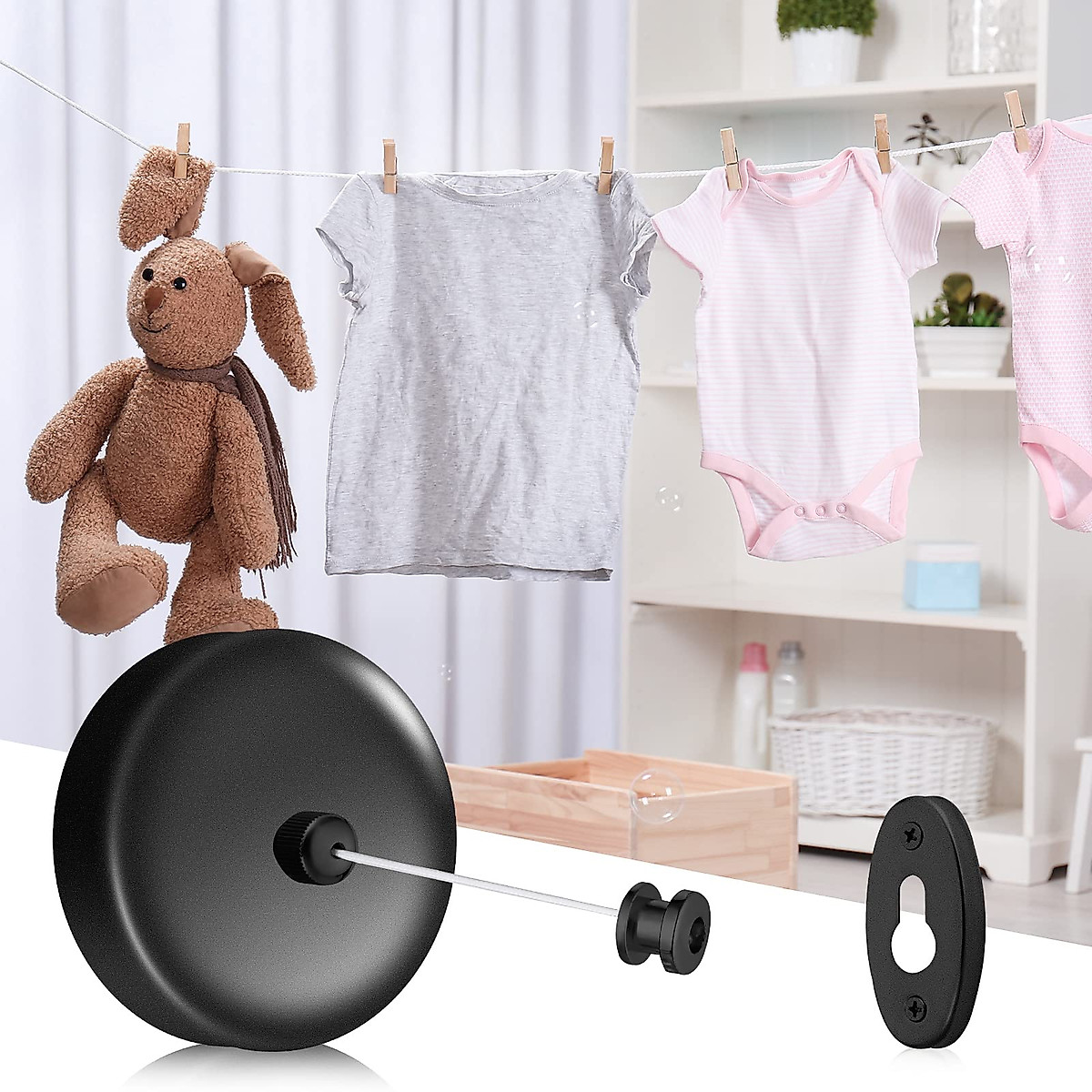 4 Pieces Retractable Clothesline 304 Stainless Steel Cloth Line 9.2ft Retracting Adjustable Laundry Line Heavy Duty Shower Rope String Retracting Clothesline for Indoor Outdoor Home (Black)