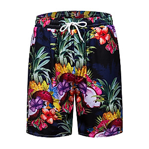 TUNEVUSE Mens Hawaiian Shirts and Shorts Set 2 Pieces Tropical Outfits Pineapple Printed Beach Shirt Suit with Bucket Hats Navy 3X-Large