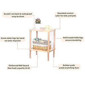 LUCKNOCK Side Table, 2-Tier Solid Wood End Table with Storage Shelf, Slim Nightstand Bedside Table for Small Spaces, Bedroom, Living Room, Entryway, Farmhouse, No-Tool Assembly.