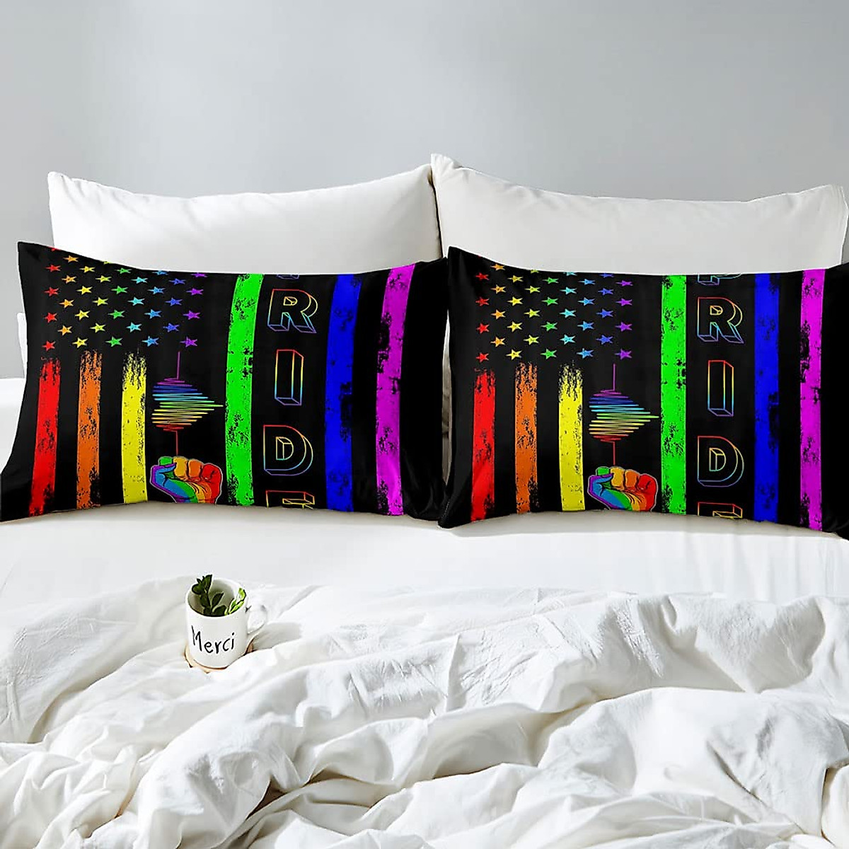 VIVIHOME 2PCS Rainbow American Flag Duvet Cover, Twin Bedding Sets, Black Bedding, LGBTQ Parade Lesbian Gay Pride Bedding, Comforter Cover, Quilt Cover Bedroom Decor, Inspirational Gifts, 1 Pillowcase