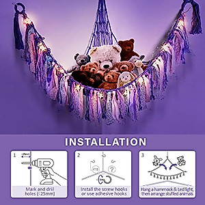 Stuffed Animal Net or Hammock with Light, Hanging Plush Toy Hammock Stuffed Animal Storage Organizer Holder Room Decor with Tassels Hooks for Kids Nursery Playroom Bedroom