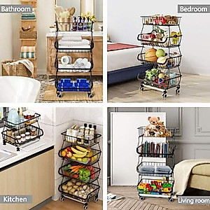 Fruit Vegetable Storage Basket for Kitchen - 4 Tier Stackable Metal Wire Baskets Cart with Rolling Wheels Utility Fruits Rack Produce Snack Organizer Bins