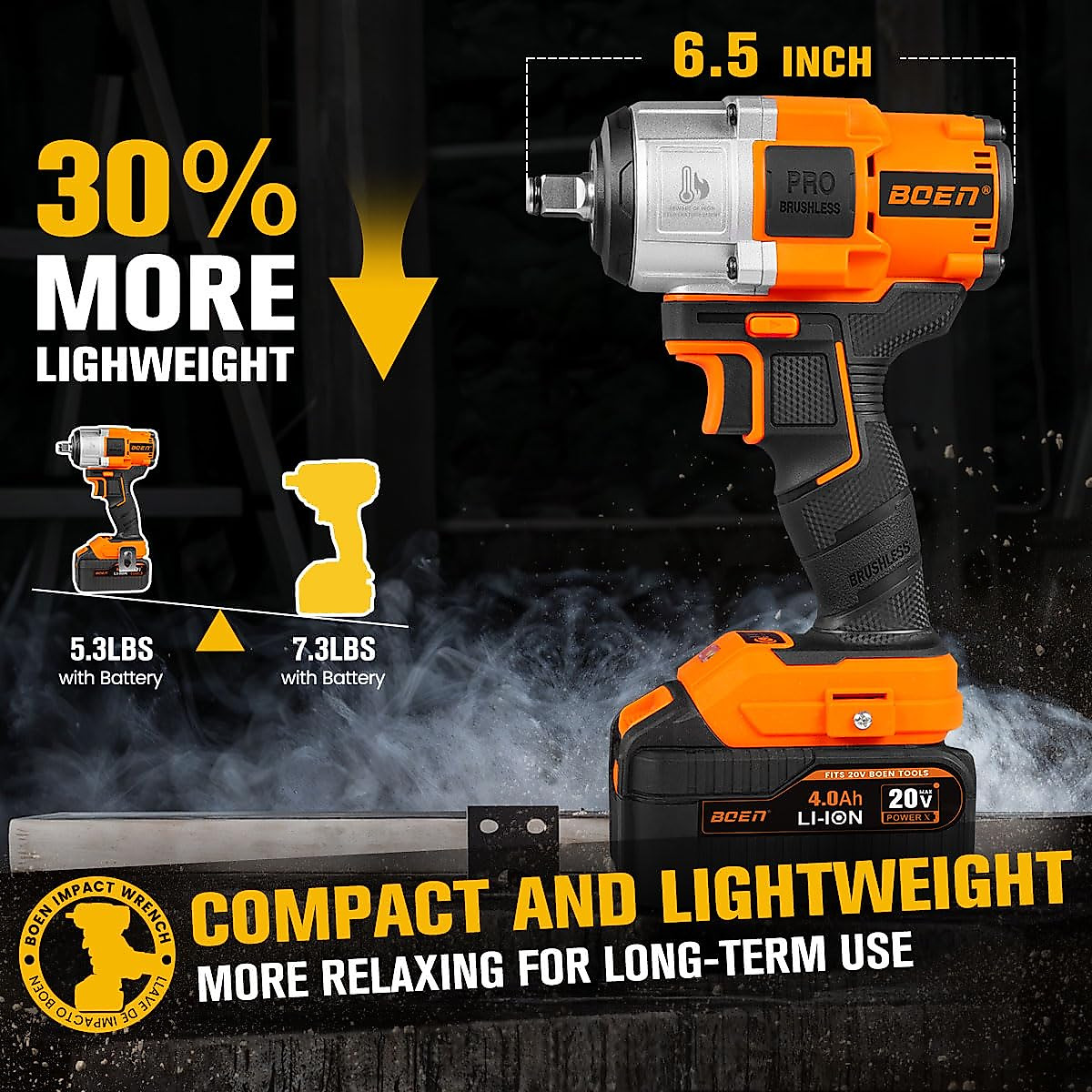 boen Cordless Impact Wrench 1/2 inch, 600FT-LBS(800N.m), Brushless Electric Impact Wrench, 2200RPM High Torque Impact Gun for Car Home, Includes 4.0Ah Battery×1, Charger, IW-75