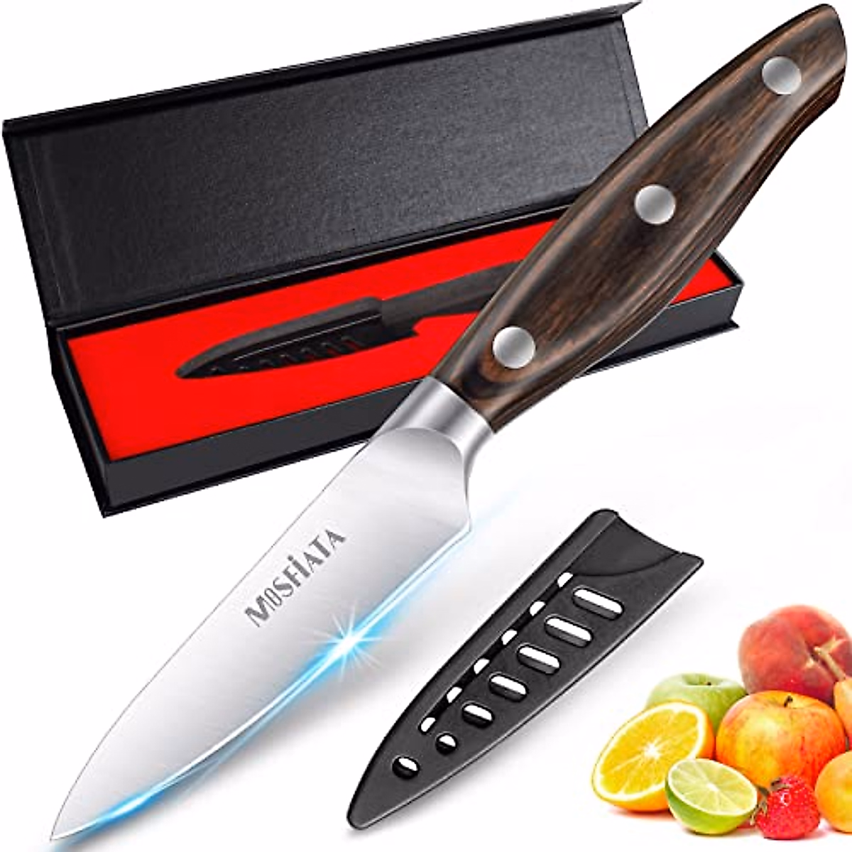 MOSFiATA Paring Knife 3.5 Inch Fruit Peeling Knife, 5Cr15Mov High Carbon Stainless Steel Sharp Knife with Ergonomic Pakkawood Handle, Full Tang Fruit Cutting Carving Knife with Sheath for Kitchen