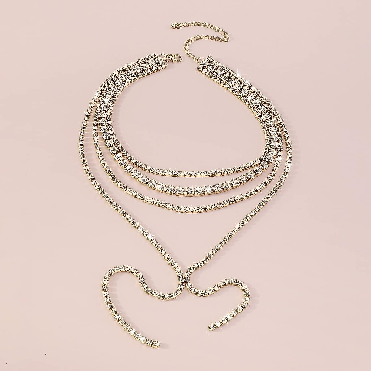 Chargances Boho Layered Rhinestone Choker Necklace Gold Crystal Long Choker Necklaces Fashion Sexy Body Costume Accessories for Women and Girls (Gold)