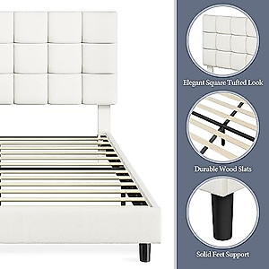 Yaheetech Queen Upholstered Bed Frame, Platform Bed Frame with Square Tufted Fabric Headboard Height Adjustable, Wooden Slats Support, No Box Spring Needed, Beige