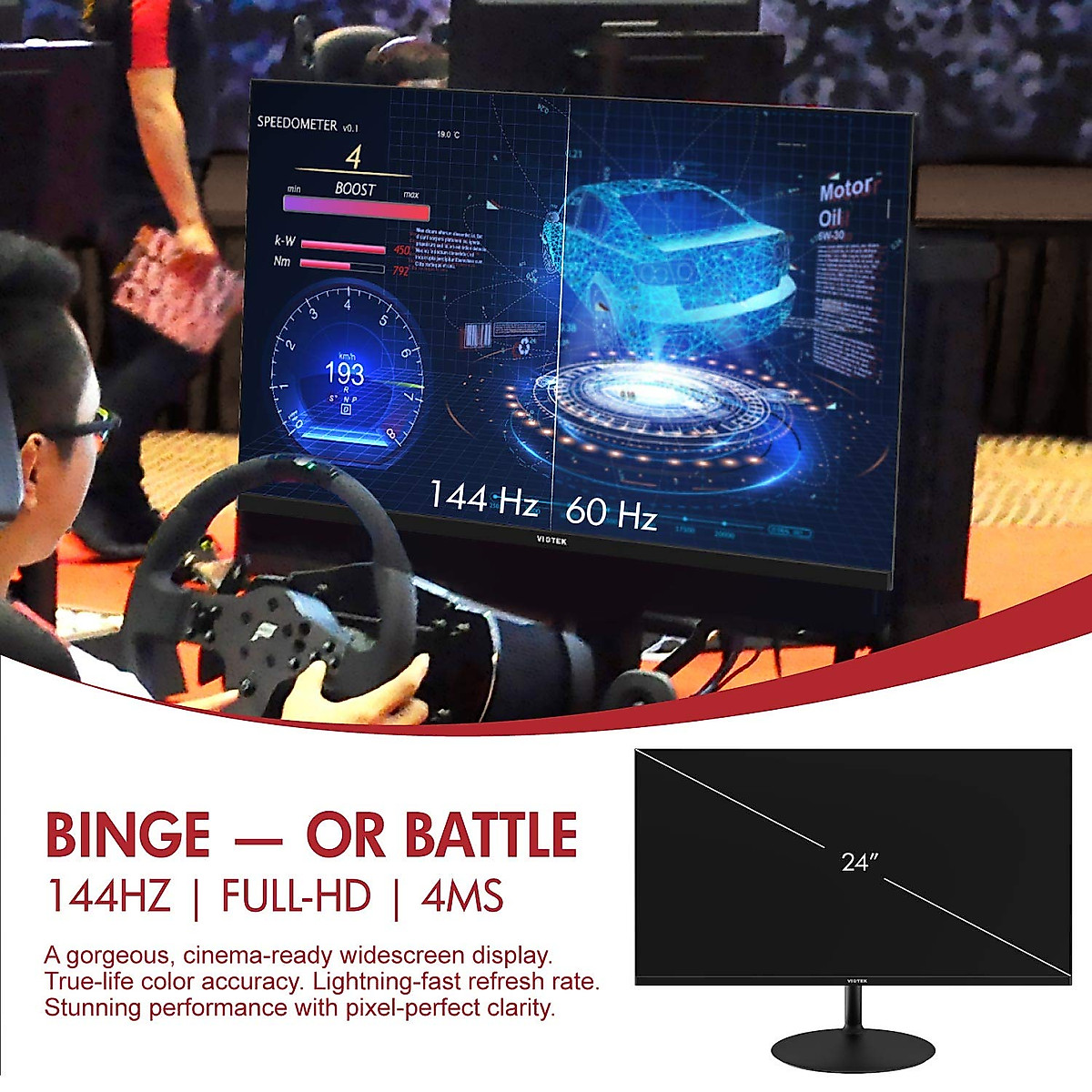 Viotek GFV24C 24-Inch Ultra-Thin 144Hz Gaming Monitor | 1080P 4ms (OD) | G-Sync-Compatible FreeSync FPS/RTS | HDMI DP 3.5mm | Zero-Tolerance Dead Pixel Policy (VESA)