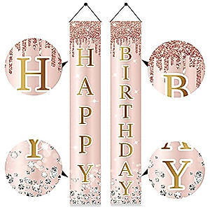 Pink Rose Gold Happy Birthday Door Banner Decorations, Birthday Party Porch Sign Supplies for Women Girls, Sweet 16th 21st 30th 40th 50th 60th Birthday Decor