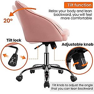 Yaheetech Velvet Desk Chair, Makeup Vanity Chair with Adjustable Tilt Angle, Modern Swivel Office Chair Upholstered Armchair Study Chair for Living Room and Makeup Room Pink