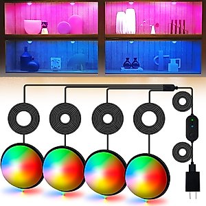 4 Pack RGB Shelf Lights, Wired Display Lights with Memory Function, Plug-in Bookshelf Lighting, Color Changing Under Shelf Lighting, RGB Puck Lights for Shelf/Cabinet/Display Case, Button Control