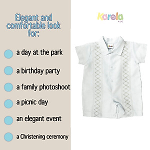 KARELA KIDS Beautiful Linen Guayabera Shirt with Beige Details for Boys Cotton Guayabera Formal Shirt for Christening, Baptism, Birthdays and Other Celebrations – Color White - 12 Months