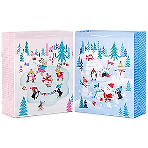 Hallmark 15" Extra Large Christmas Gift Bags (2 Bags: Pink and Blue, Penguins, Hedgehogs, Santa, Snowmen, Dog, Bunny Rabbits) for Kids, Grandchildren, Baby Showers