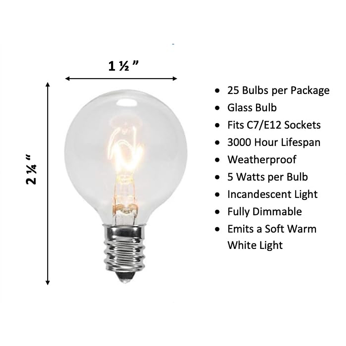 25 Pack Clear G40 Globe Light Bulbs for Patio String Lights Fits E12 and C7 Base 5 Watt 1.5 Inch Dimmable Light Bulbs G40 Replacement Bulbs for Patio Lights