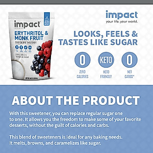 Impact White Monk Fruit & Erythritol Sweetener Blend - Gluten Free, Zero Calories, Net Carbs, Keto, Vegan, Non-GMO - 1 is to 1 Sugar Substitute - 1lb