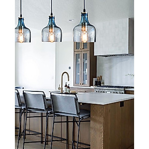 CASAMOTION Pendant Lights Kitchen Island Table Hand Blown Blue Glass Pendant Lighting Dining Room Black Marble Seeded Modern Ceiling Hanging Fixtures Brushed Nickel 8.2 Inch Height 3 Pack