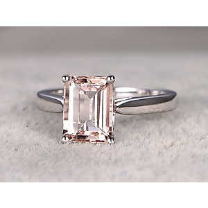 3pcs Engagement Ring Set,7x9mm Emerald Cut Pink Morganite 14k White Gold Diamond Stacking Matching Band