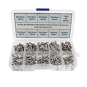 HVAZI Metric M3 304 Stainless Steel Button Head Socket Cap Screws Nuts Assortment Kit